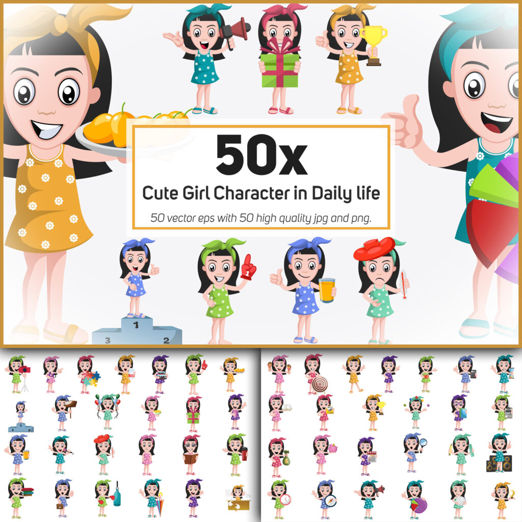 50 Cute Girl Character in Daily Life Action Collection – MasterBundles