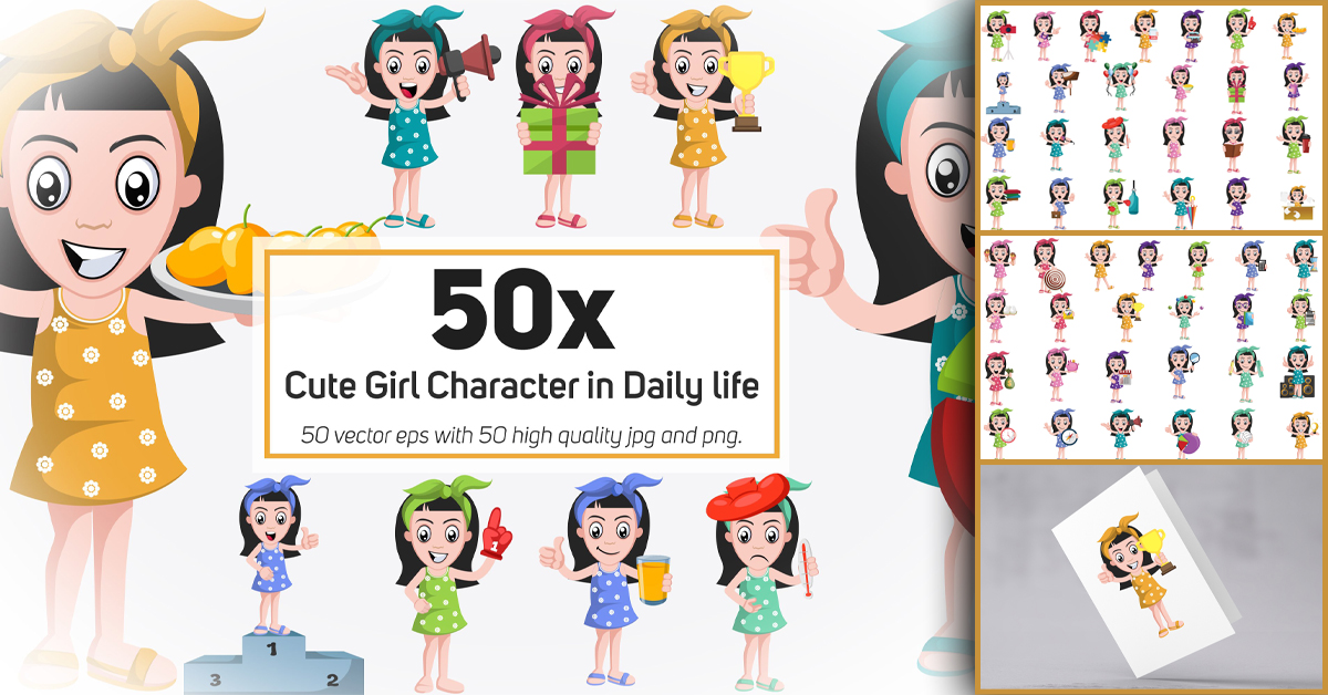 50 Cute Girl Character in Daily Life Action Collection – MasterBundles