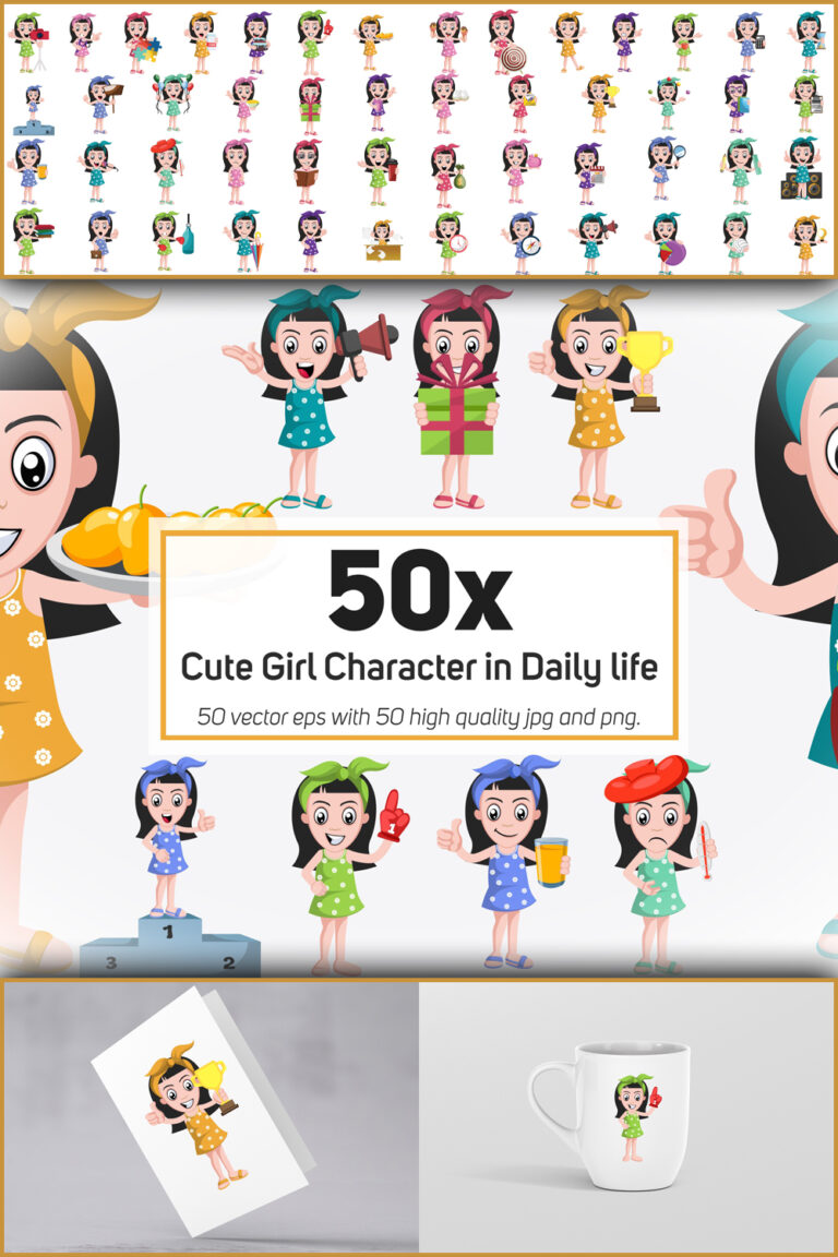 50 Cute Girl Character in Daily Life Action Collection – MasterBundles