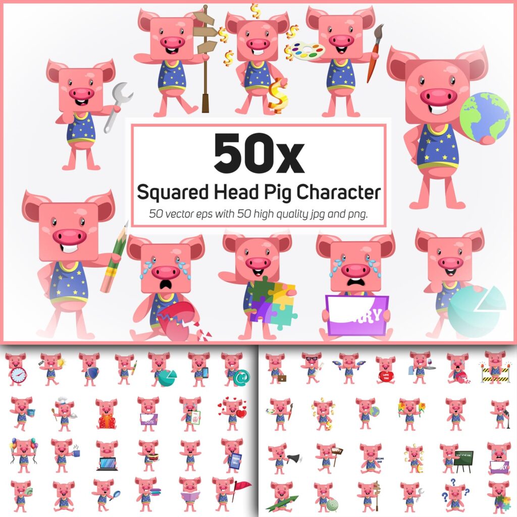 50 Squared Head Pig Character and Mascot Collection – MasterBundles