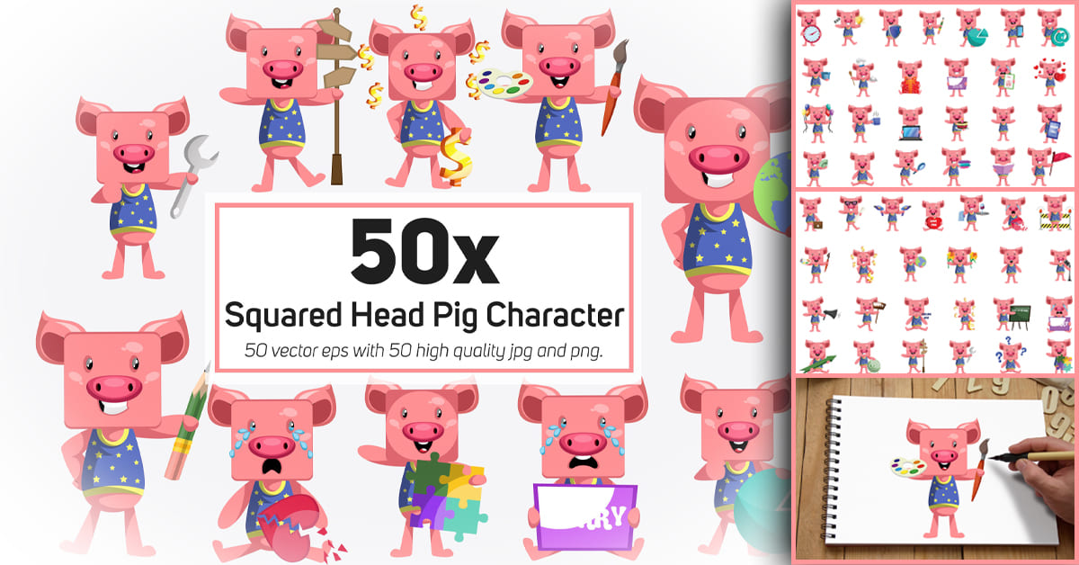 50 Squared Head Pig Character and Mascot Collection – MasterBundles