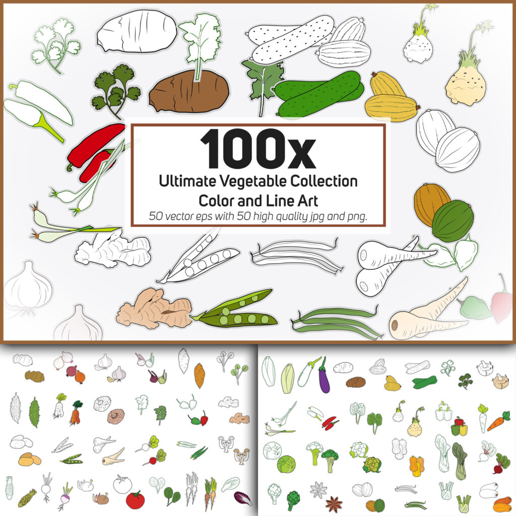 100 Ultimate Vegetable Collection - Color and Line Art – MasterBundles