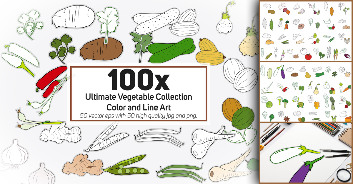 100 Ultimate Vegetable Collection - Color and Line Art – MasterBundles