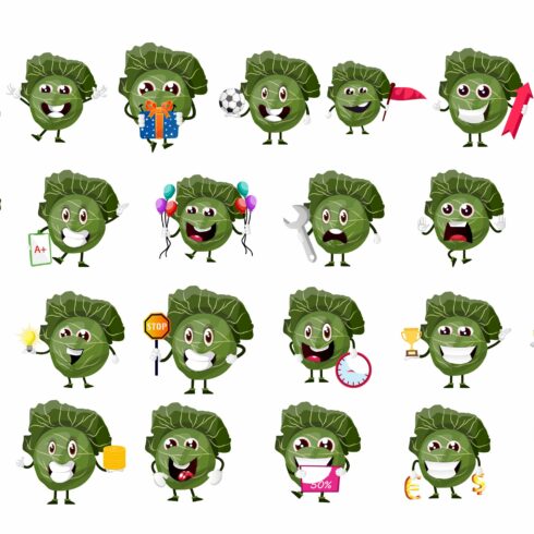 50 Cabbage Character or Mascot in Different Situation | Master Bundles