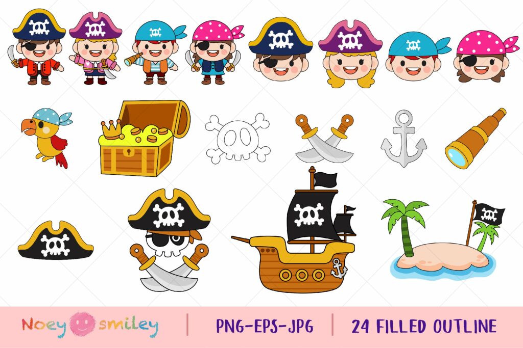 Kids Pirate, Filled Clipart – MasterBundles