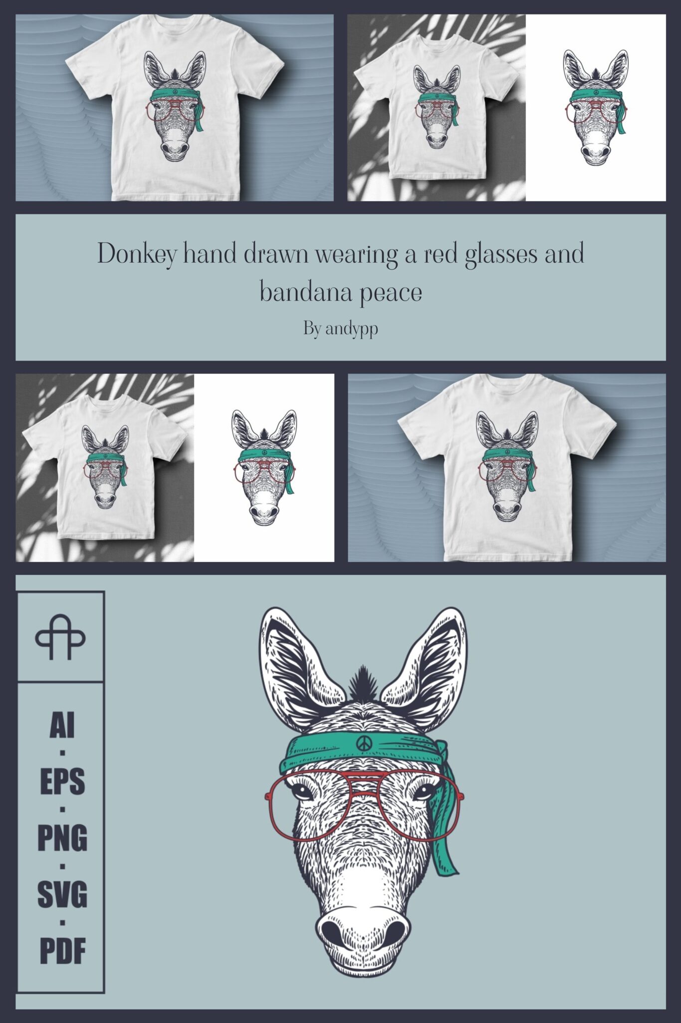 Donkey Hand Drawn Wearing a Red Glasses and Bandana Peace – MasterBundles