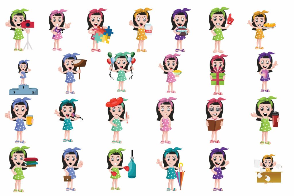 50 Cute Girl Character in Daily Life Action Collection – MasterBundles