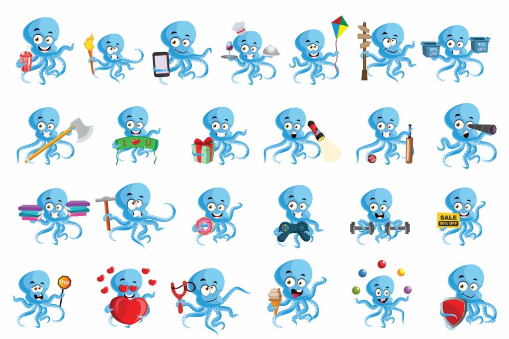 50x Octopus Character and Mascot Collection Illustration. – MasterBundles