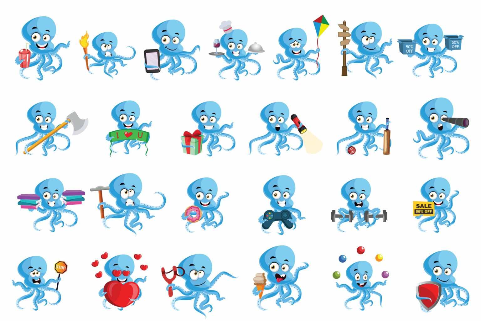 50x Octopus Character and Mascot Collection Illustration. – MasterBundles
