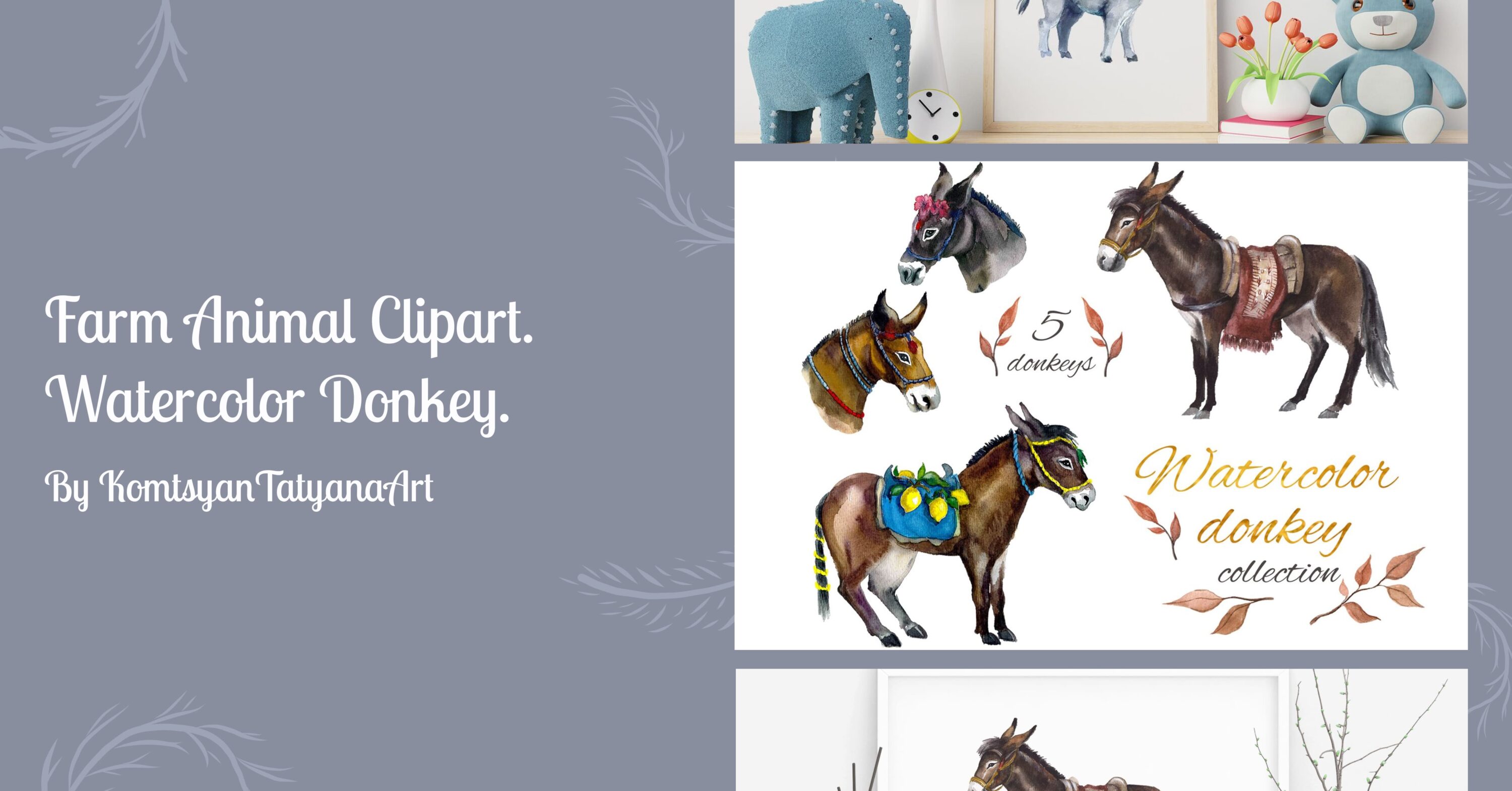 Farm Animal Clipart. Watercolor Donkey. – MasterBundles