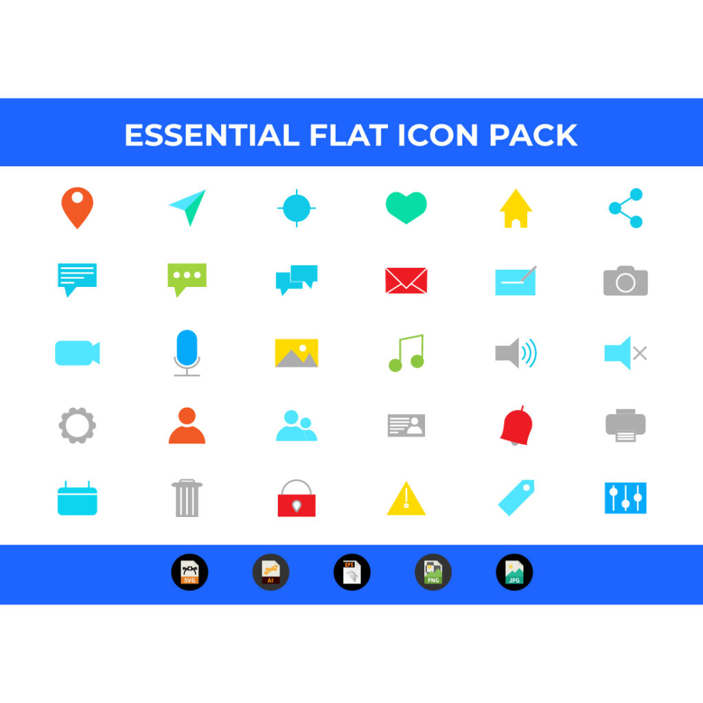 30 Flat Essential Icon Pack Vector Illustrations | MasterBundles