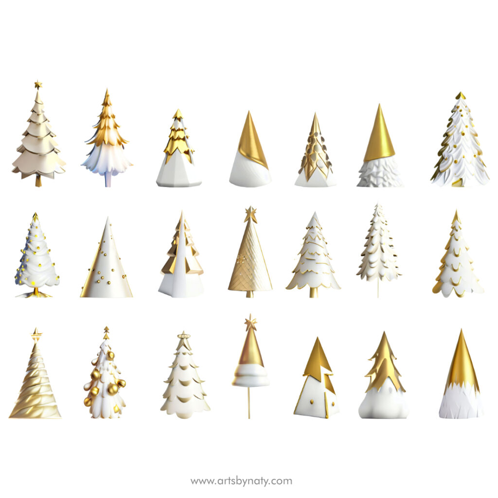 3D White and Gold Christmas Tree Clipart Bundle - MasterBundles