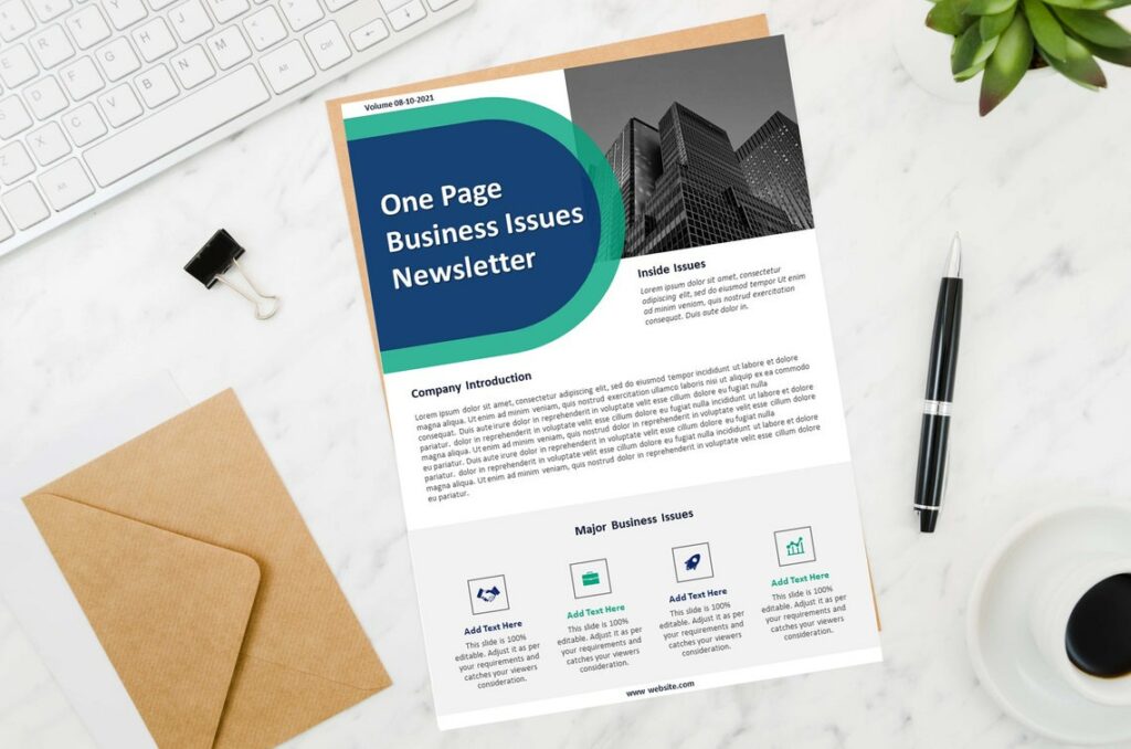 One Page Business Issues Newsletter Powerpoint Slide – MasterBundles