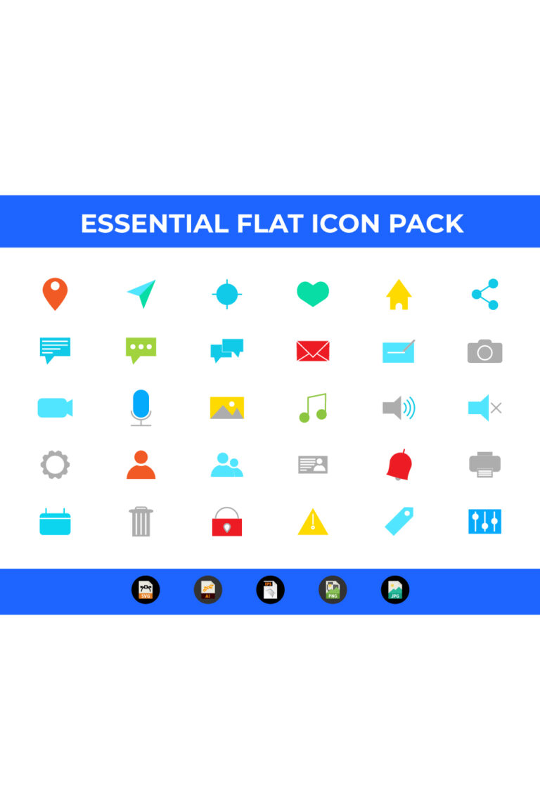 30 Flat Essential Icon Pack Vector Illustrations | MasterBundles