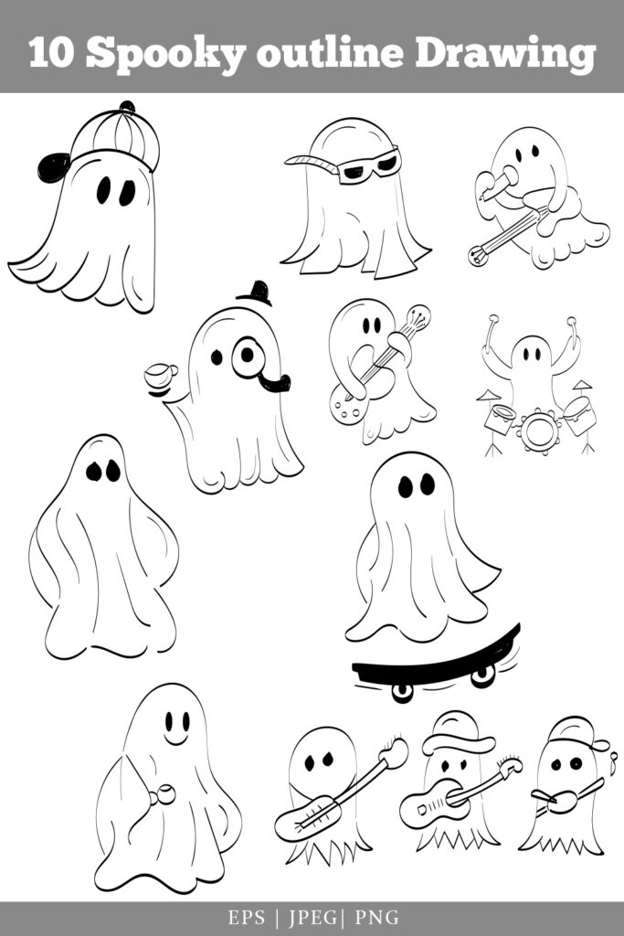 10 Spooky Ghost Outline Drawing - MasterBundles