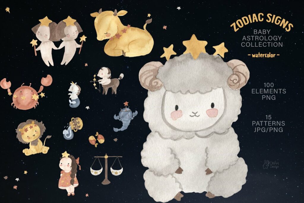 Zodiac Signs Clipart. Baby Astrology – MasterBundles