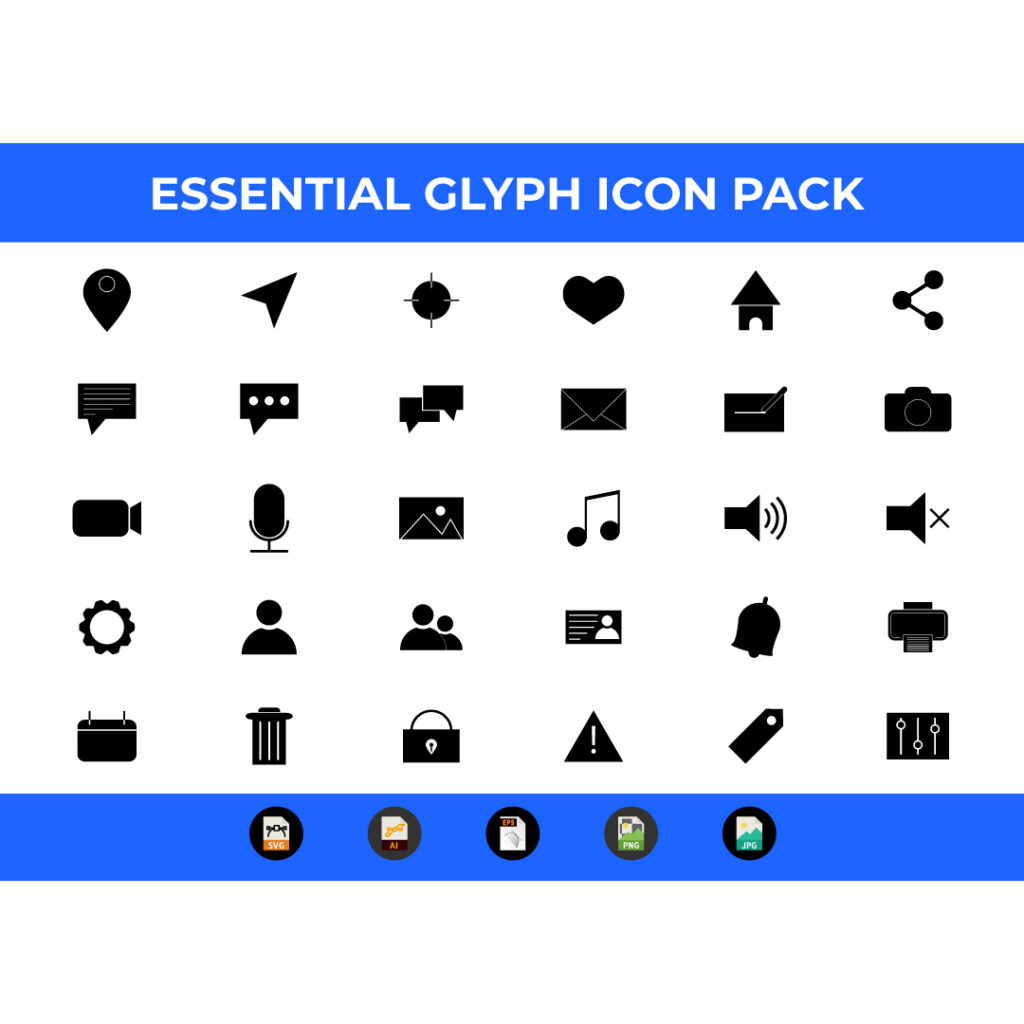 30 Glyph Essential Icon Pack Vector and SVG - MasterBundles