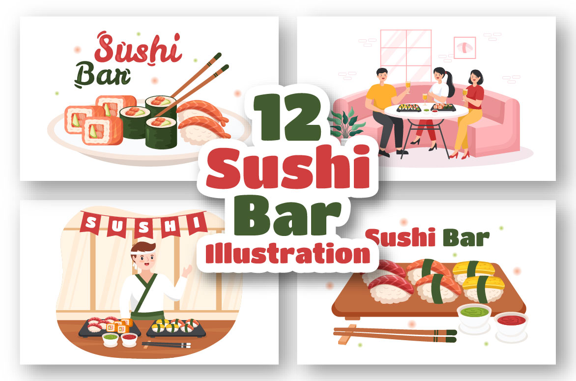 12 Sushi Bar Japan Asian Food Illustration - MasterBundles