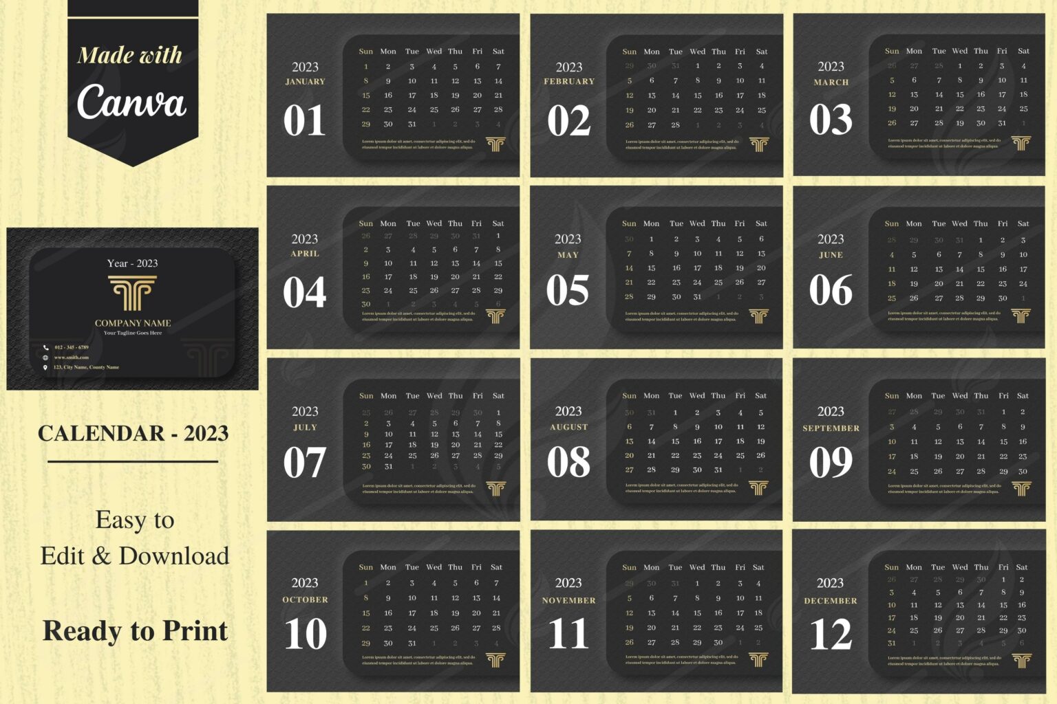 Black & Golden Calendar - 2023 Template | Canva - MasterBundles