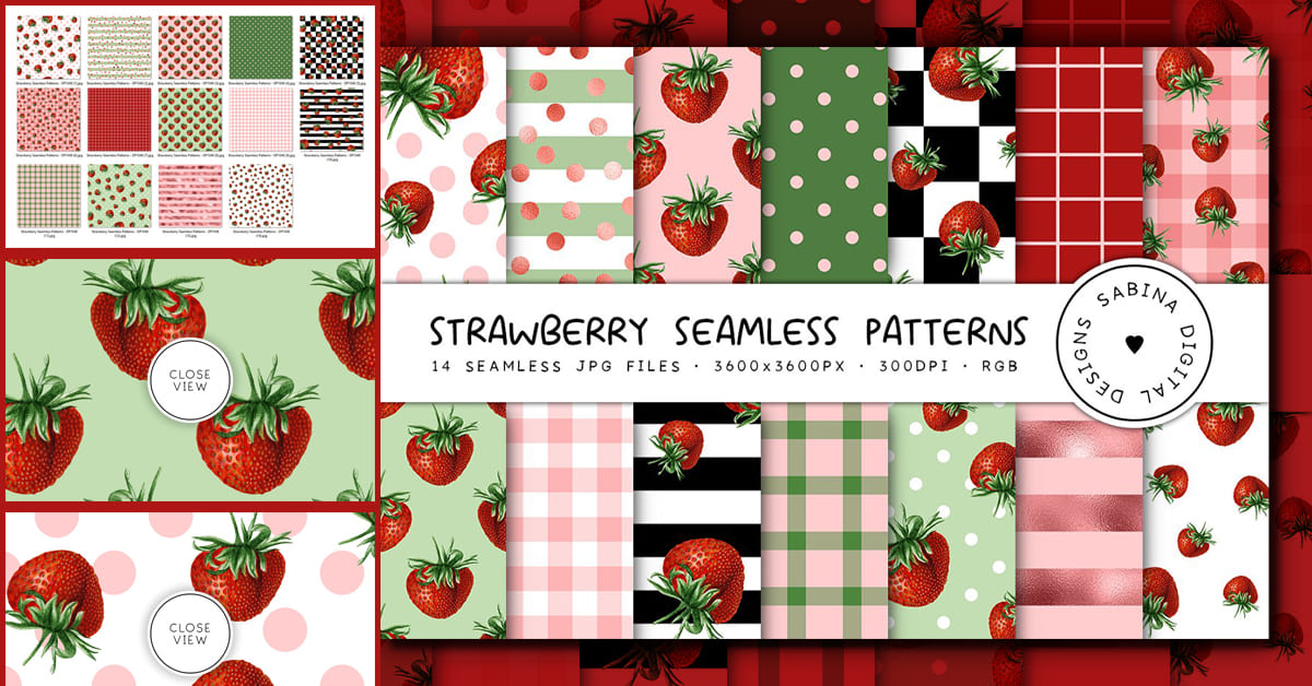 Strawberry Seamless Patterns | Pink & Green Digital Papers – MasterBundles