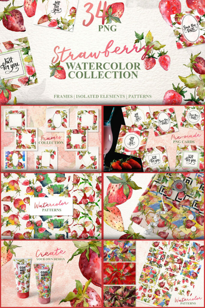 Strawberry Collection Watercolor PNG – MasterBundles