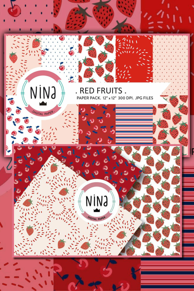Red Fruit Digital Paper Pack, Strawberry Print, Red Wrapping ...