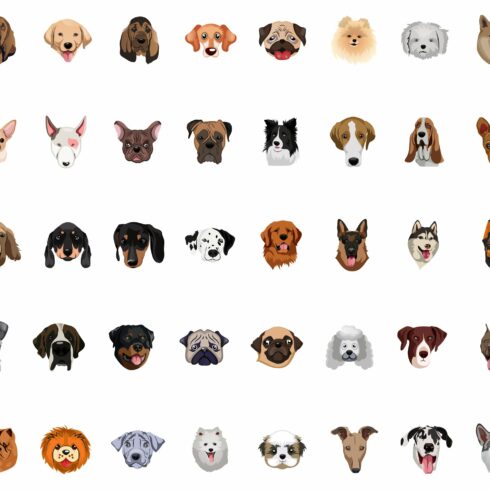 50 Realistic Different Dog Breed Faces Illustration | MasterBundles