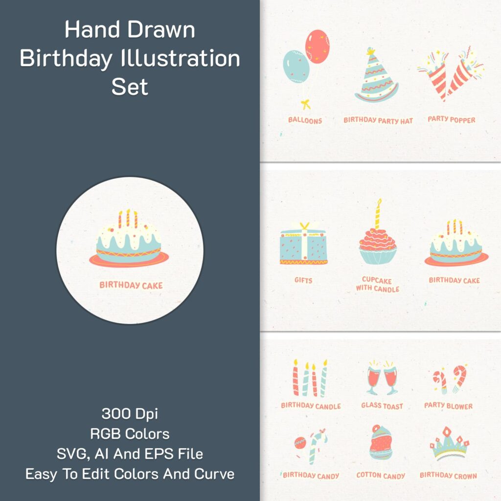 Hand Drawn Birthday Illustration Set – MasterBundles