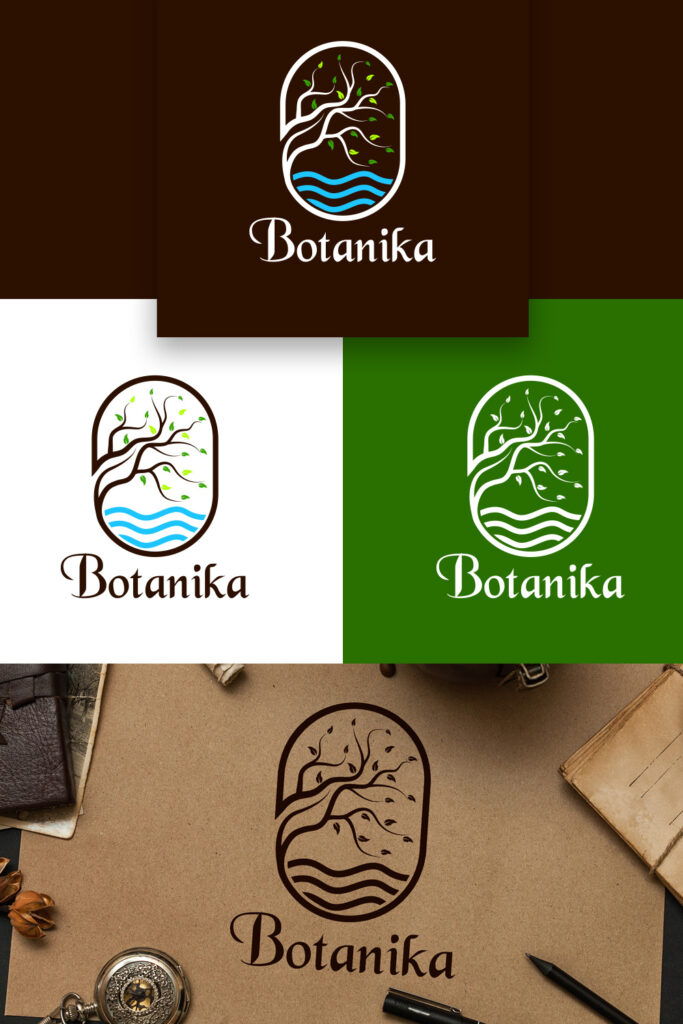 Botanic Logo Nature Green Tree Leaf River Illustration - MasterBundles