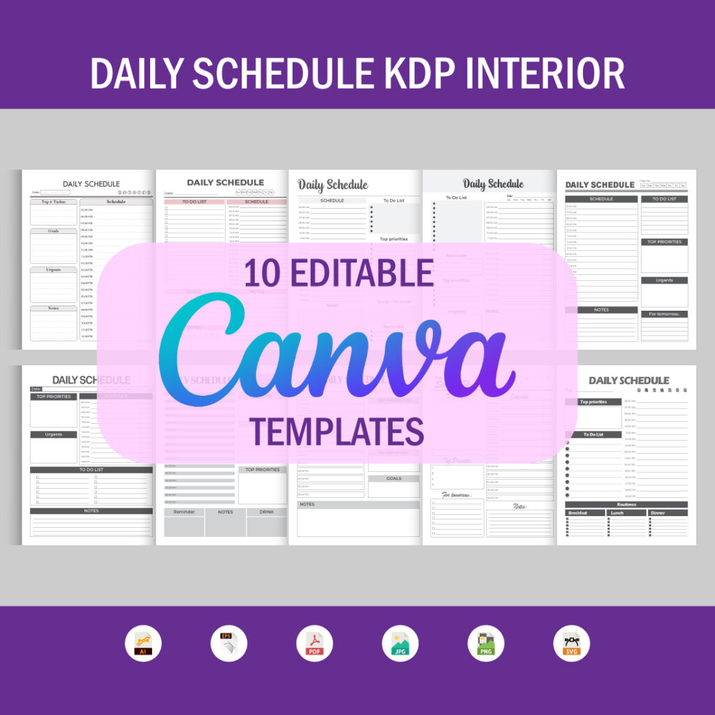 10 Editable Canva Templates Daily Schedule planner for KDP - MasterBundles