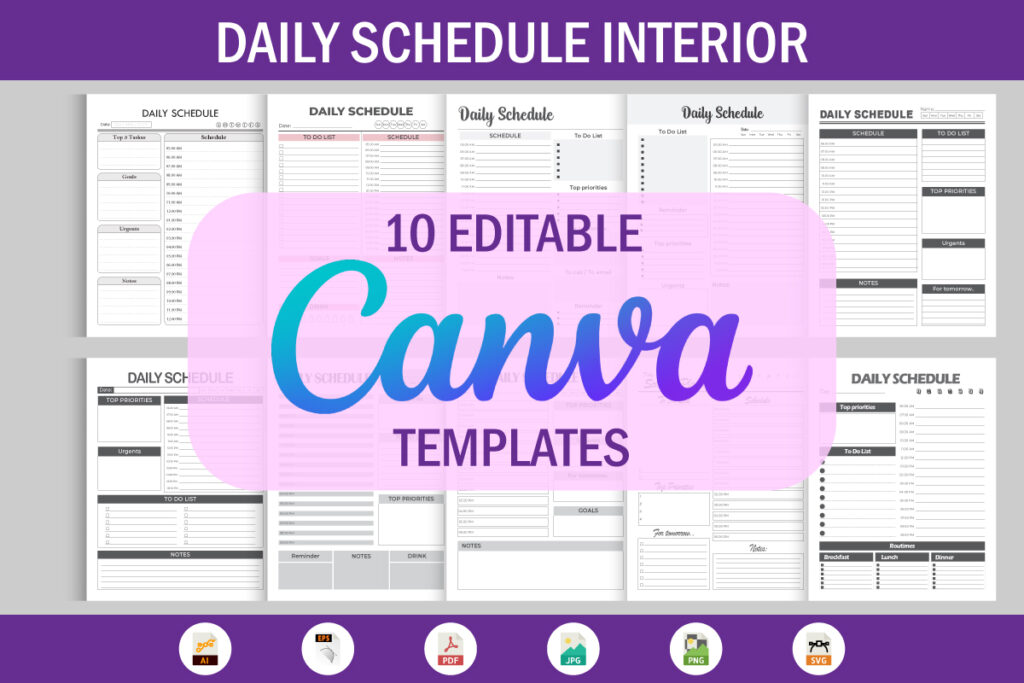 10 Editable Canva Templates Daily Schedule planner for KDP - MasterBundles