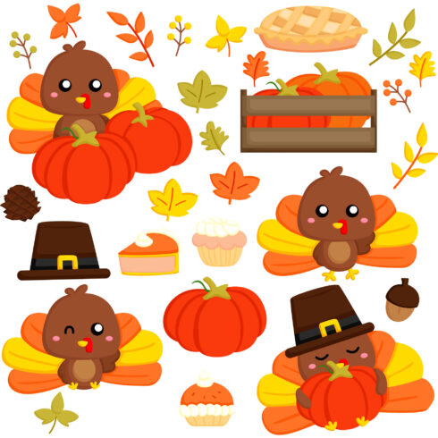 Thanksgiving Cute Holiday Turkey Illustrations Vector Clipart ...