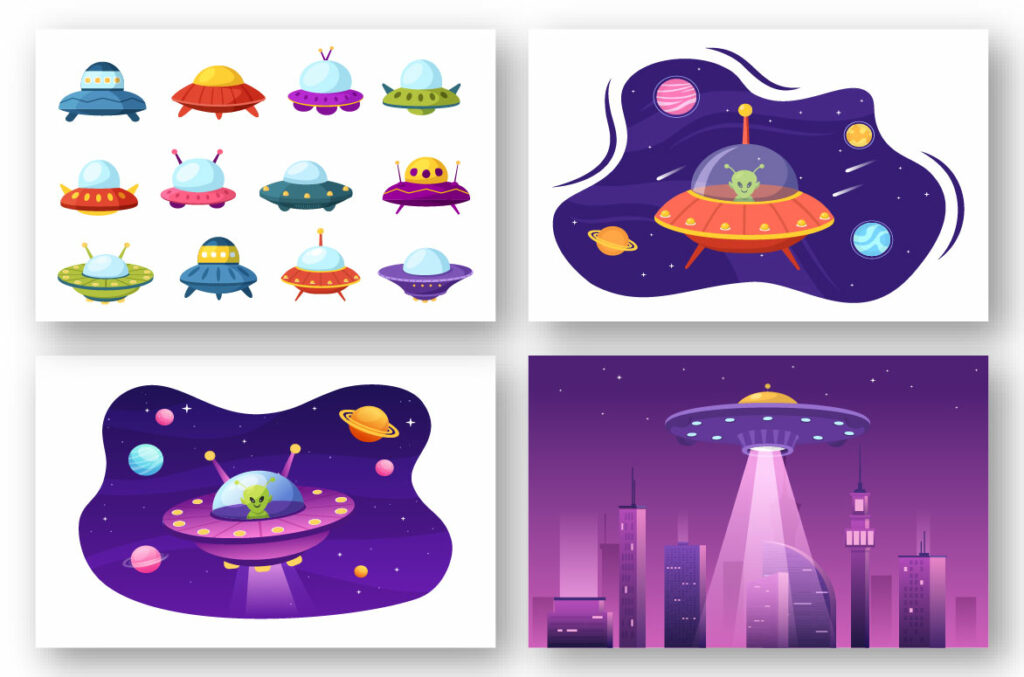 14 UFO Flying Spaceship Illustration | MasterBundles