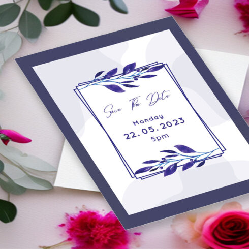 Blue Leaves Wedding Invitation Card Design | MasterBundles