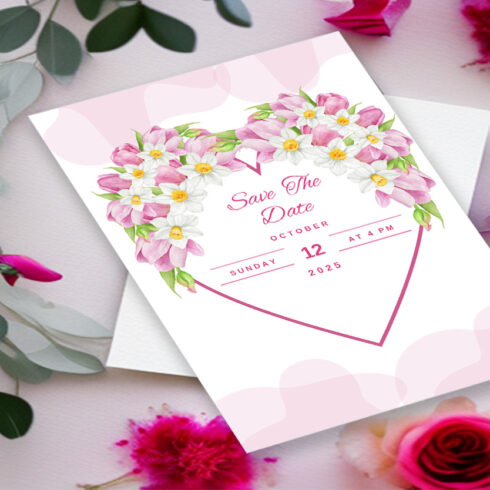 Heart Shape Floral Design Wedding Invitation Card | MasterBundles