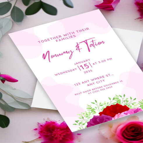 Heart Shape Wedding Invitation Card Design With Rose Floral | MasterBundles