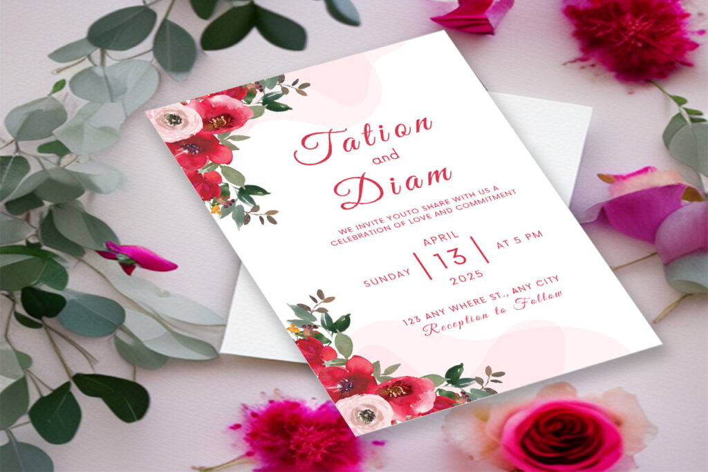 Red Floral Wedding Invitations Card - MasterBundles
