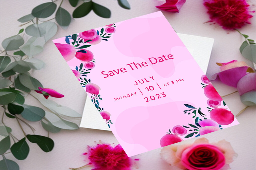 Pink Color Flowers Wedding Invitation Card - MasterBundles