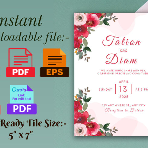 Red Floral Wedding Invitations Card | MasterBundles