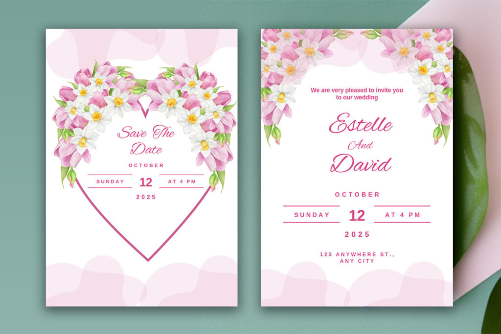 Heart Shape Floral Design Wedding Invitation Card - MasterBundles