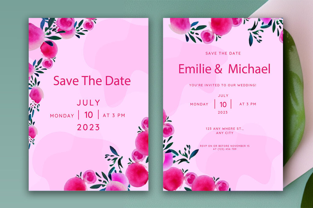 Pink Color Flowers Wedding Invitation Card - MasterBundles