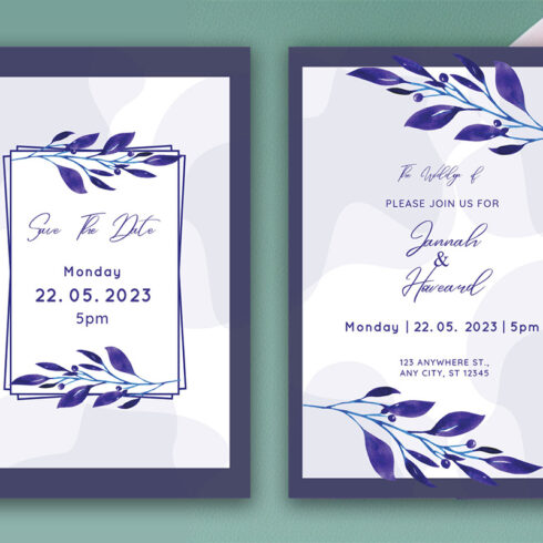 Blue Leaves Wedding Invitation Card Design | MasterBundles