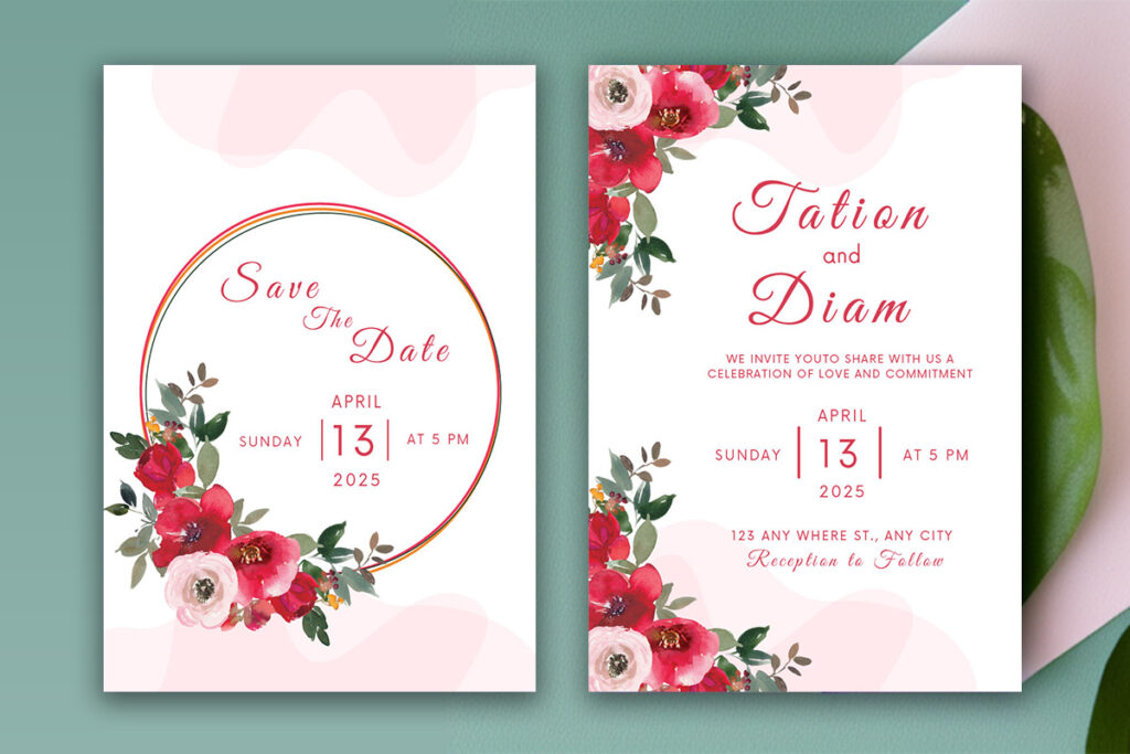 Red Floral Wedding Invitations Card - MasterBundles