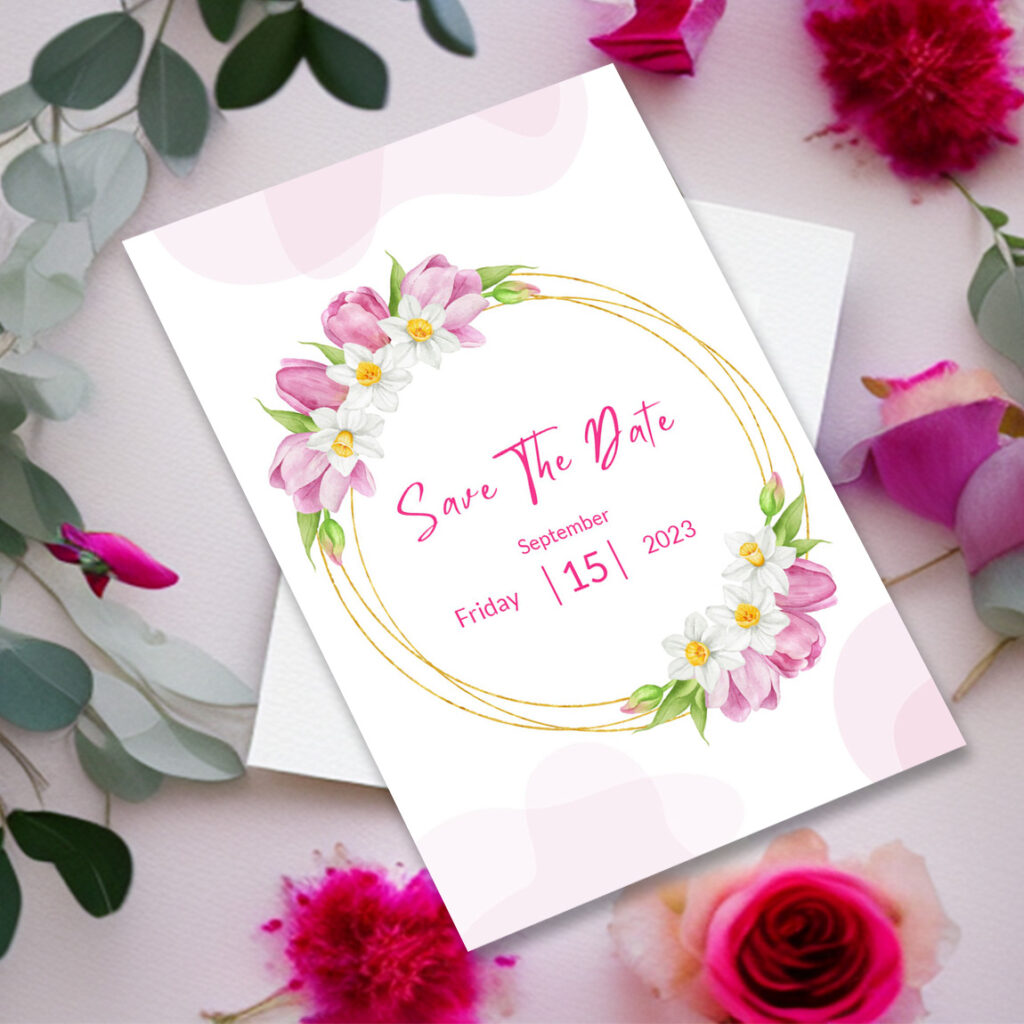 Floral Golden Frame Wedding Invitation Card Template - MasterBundles