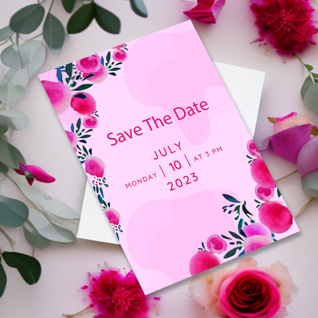 Pink Color Flowers Wedding Invitation Card - MasterBundles