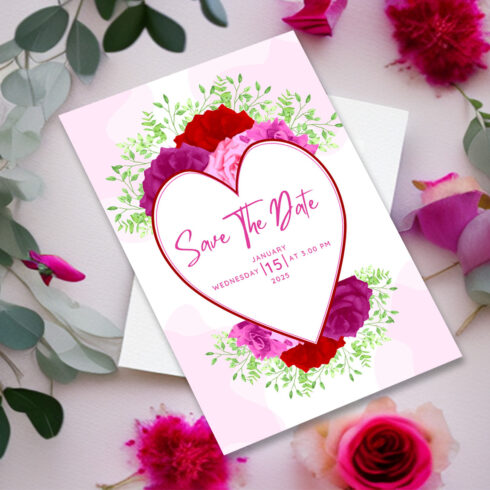 Heart Shape Wedding Invitation Card Design With Rose Floral - MasterBundles