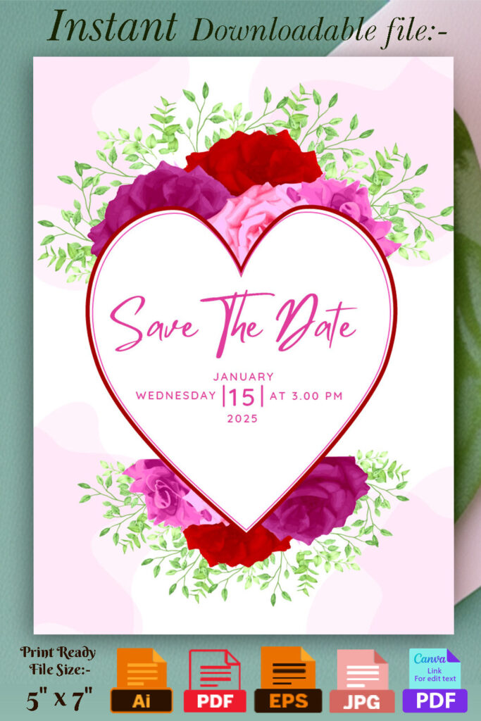 Heart Shape Wedding Invitation Card Design With Rose Floral - MasterBundles