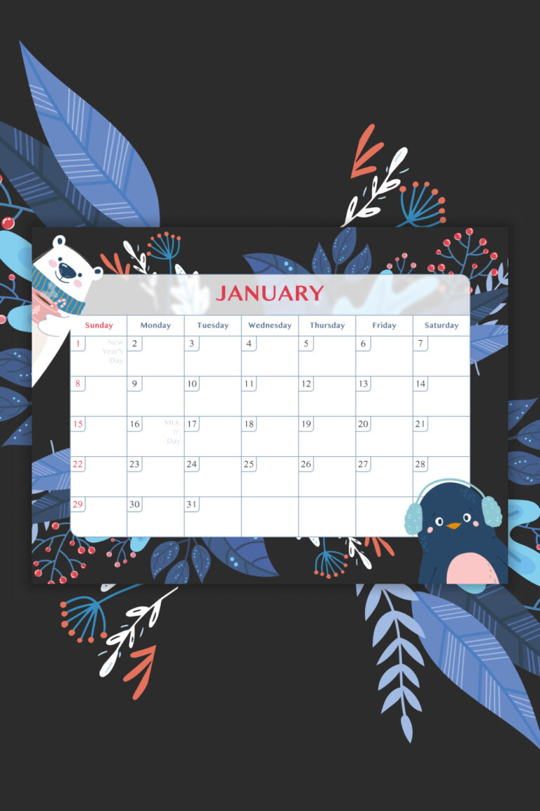 Free January Calendar with Holidays – MasterBundles