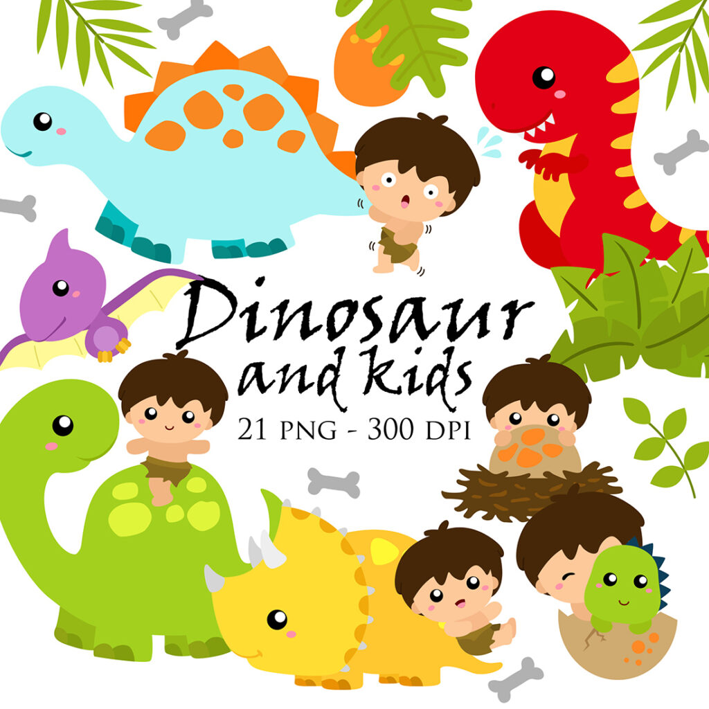 Kids and Dinosaurs Vector Clipart Illustrations - MasterBundles