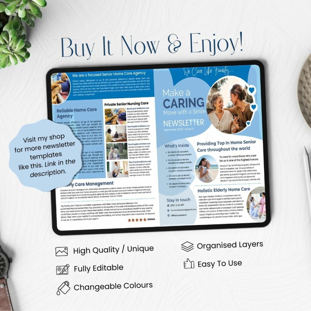Elderly Care Business Canva Newsletter Template - MasterBundles